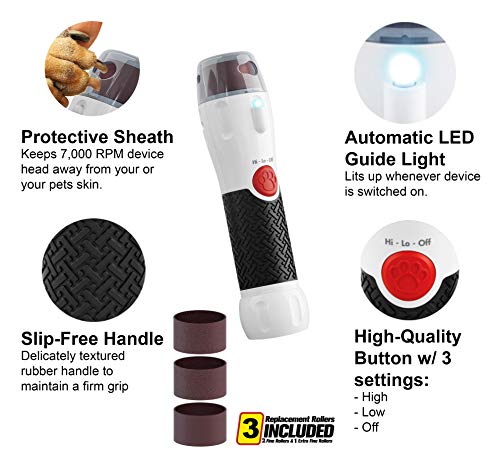 Bell+Howell Pawperfect Rechargeable Cordless Dog and Cat Nail Trimmer with Safety Guard, 5000-7000 RPM's, Gentle and Painless Dremel Dog Nail Grinder w/ 3 Modes with 3 Replacement Rollers