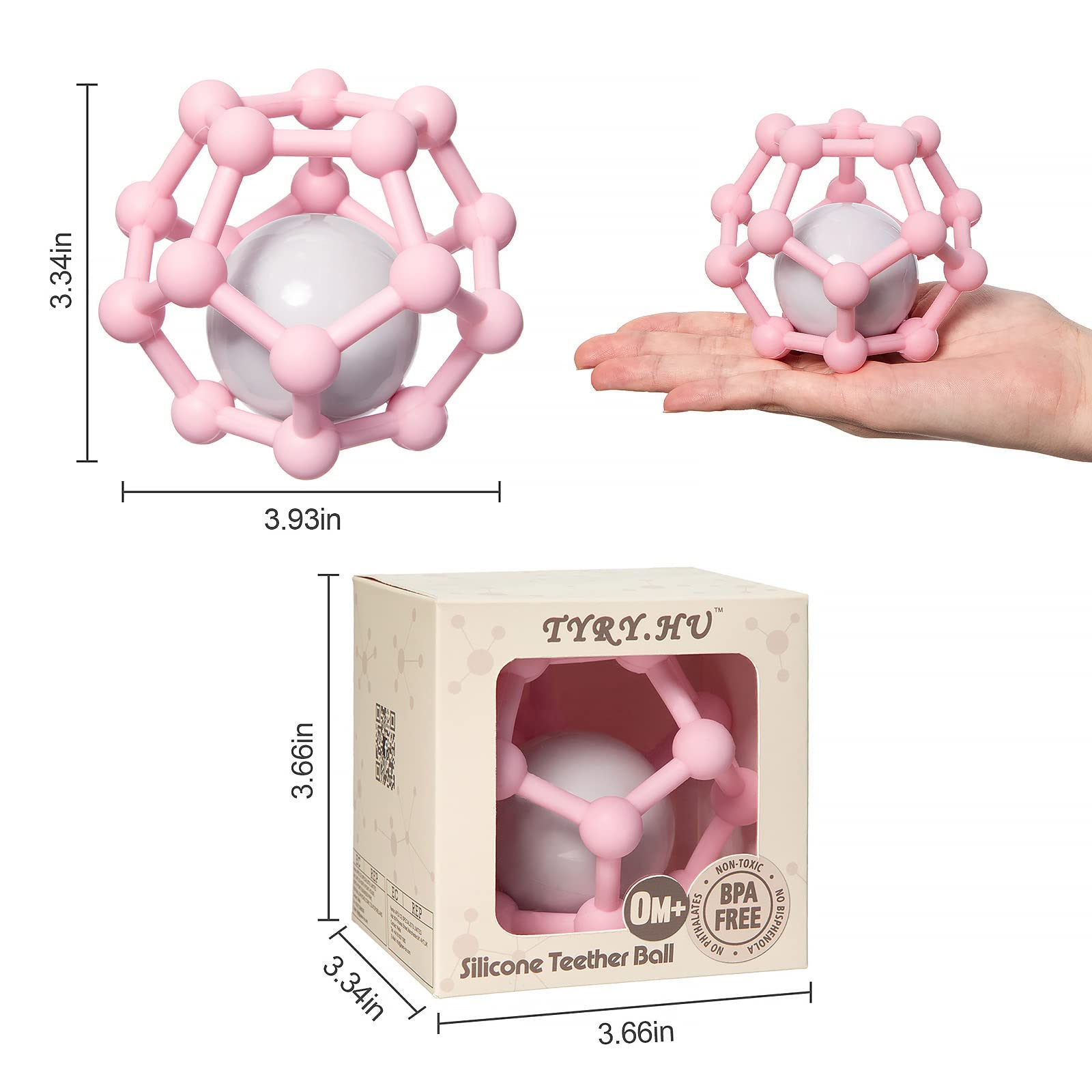 Baby Teethers Toys Silicone Soft Ball Easy to Hold Teether for Sensory Ball Exploration & Teething Stress Relief Molar Ball Soothing Teether Toy Baby Ball for Ages 0 Months+,(Rattle Teether Ball-Pink)