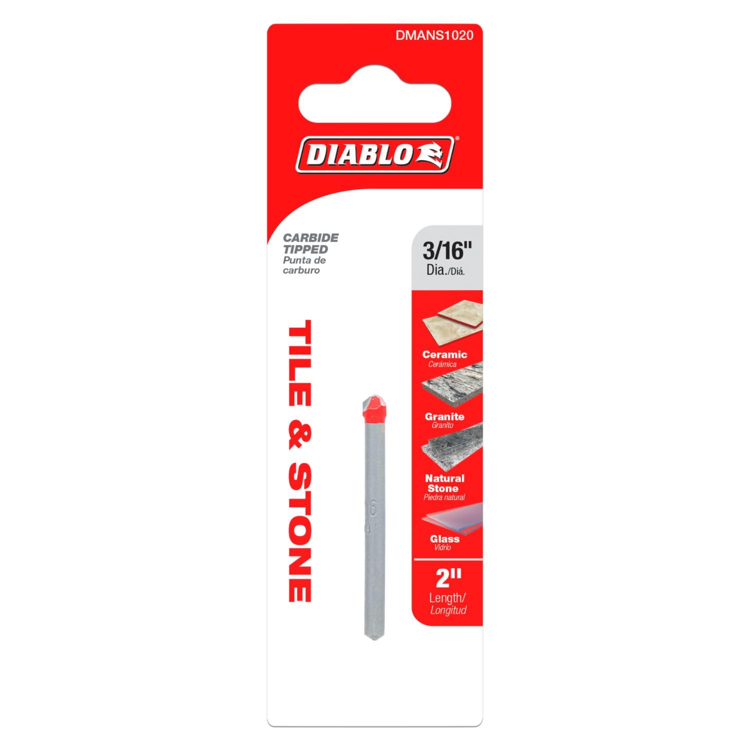 Diablo Tile & Stone Carbide Tipped Drill Bit - 3/16" Diameter, 3-Flat Shank, 2" Length - DMANS1020
