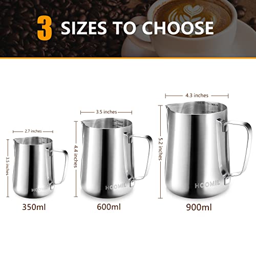 HOOMIL Milk Frothing Pitcher, 12oz/350ml Stainless Steel Steaming Pitcher Barista Milk Frother Cup Jug for Espresso Machine Coffee Cappuccino Latte Art - Silver