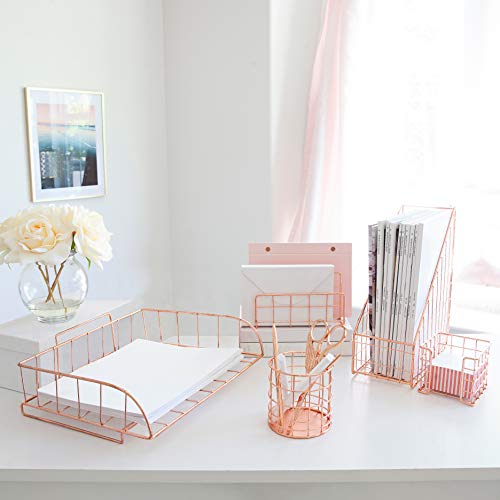 BLU MONACO Rose Gold Desk Organizer - 5 Piece Desk Accessories Set - Letter - Mail Organizer, Paper-Document Tray, Pen Cup, Magazine File Holder - Diagonal Pattern - Office Supplies Stationery Décor