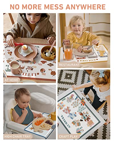 Babebay Disposable Placemats for Baby, 40 Pack Sticky Toddler Placemat for Restaurants, Dining Table, Party, Travel, 12" x 18" Placemats with 4 Designs, Fun and Learning Placemats for Kids