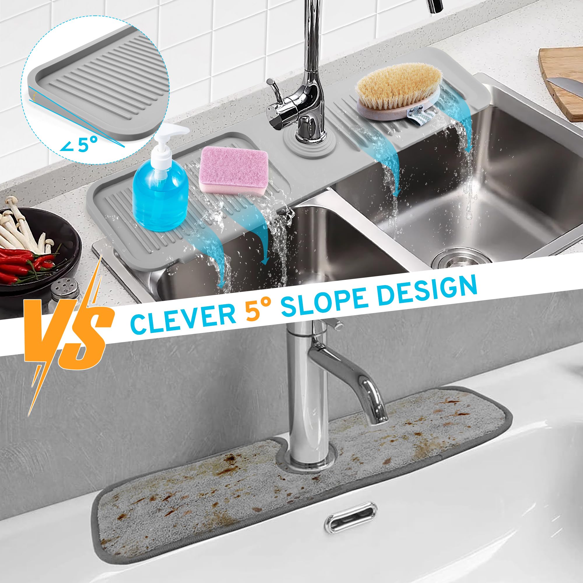 24 Inch Longer Kitchen Sink Splash Guard,Silicone Mat for Faucet 5° Slope Draining Mat for Kitchen Sink Faucet Drying Mat Drip Mat Protectors for Kitchen Sink(Grey 24.0" x 5.5")