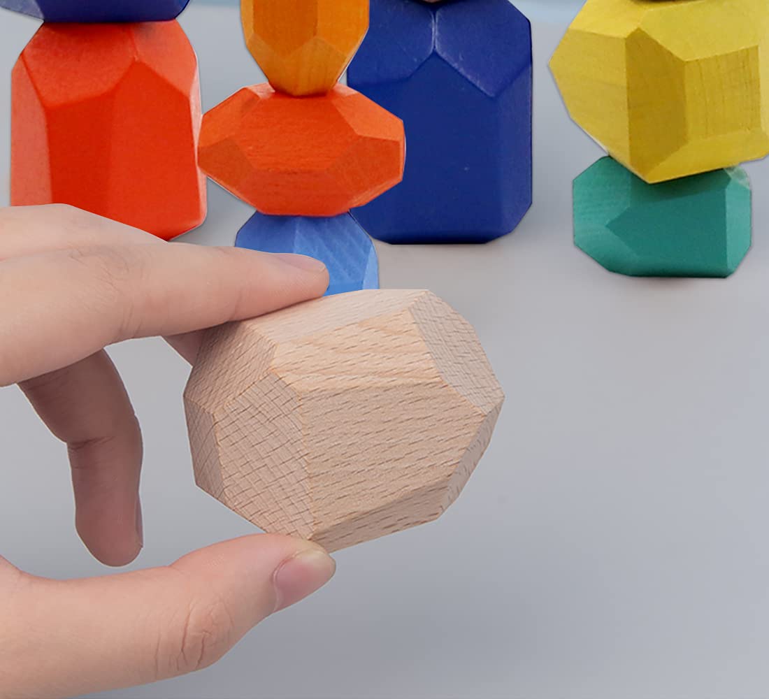 40 PCS Wooden Rocks Balance Stones Building Blocks Set, Colored Wood Balancing Stone Stacking Game, Lightweight Natural Educational Preschool learning Large Small Puzzle Toy for Kids (40PCS-2)