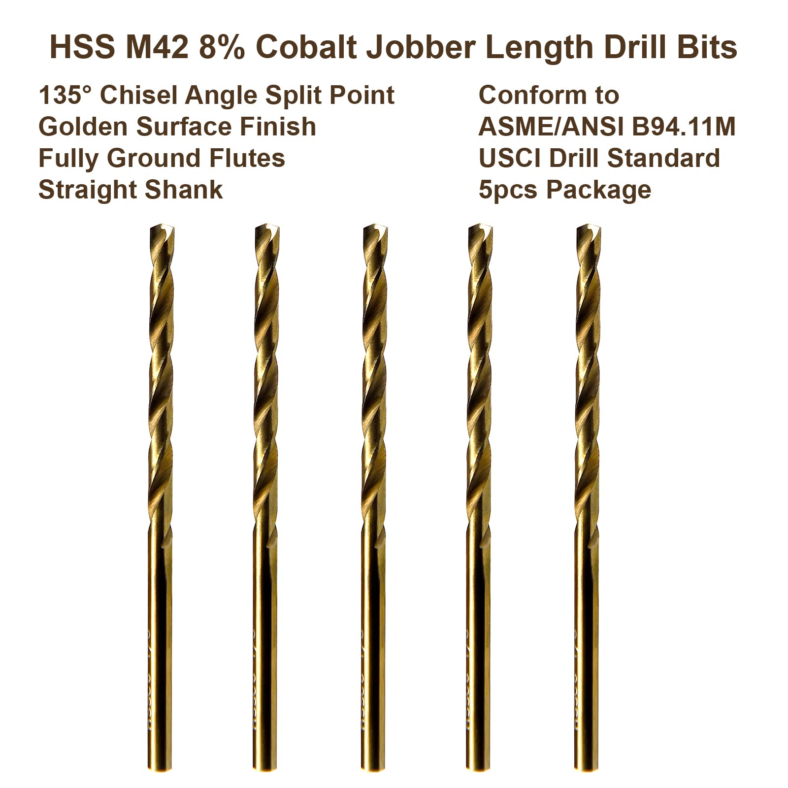 MAXTOOL 7/64" 5pcs Identical Jobber Length Drills HSS M42 Twist Drill Bits 8% Cobalt Fully Ground Golden Straight Shank Drills; JBF42G10R07P5