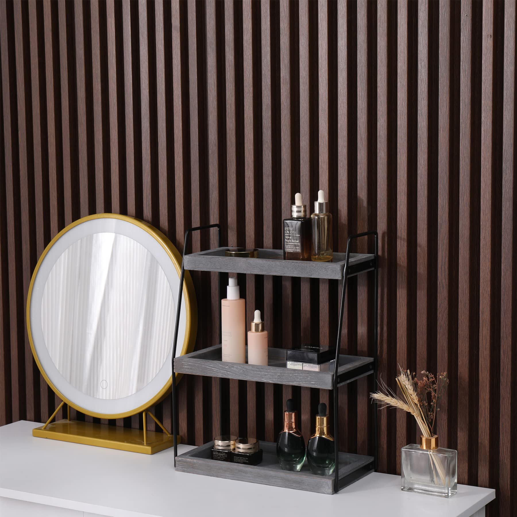 3-Tier Wood Storage Organizer for Restroom ＆ Kitchen ＆ Coffee Bar, Bathroom Sink Organizer Countertop, Bathroom Vanity Counter Top Organizers, Spice, Skincare, Perfume Rack, Detachable - Black