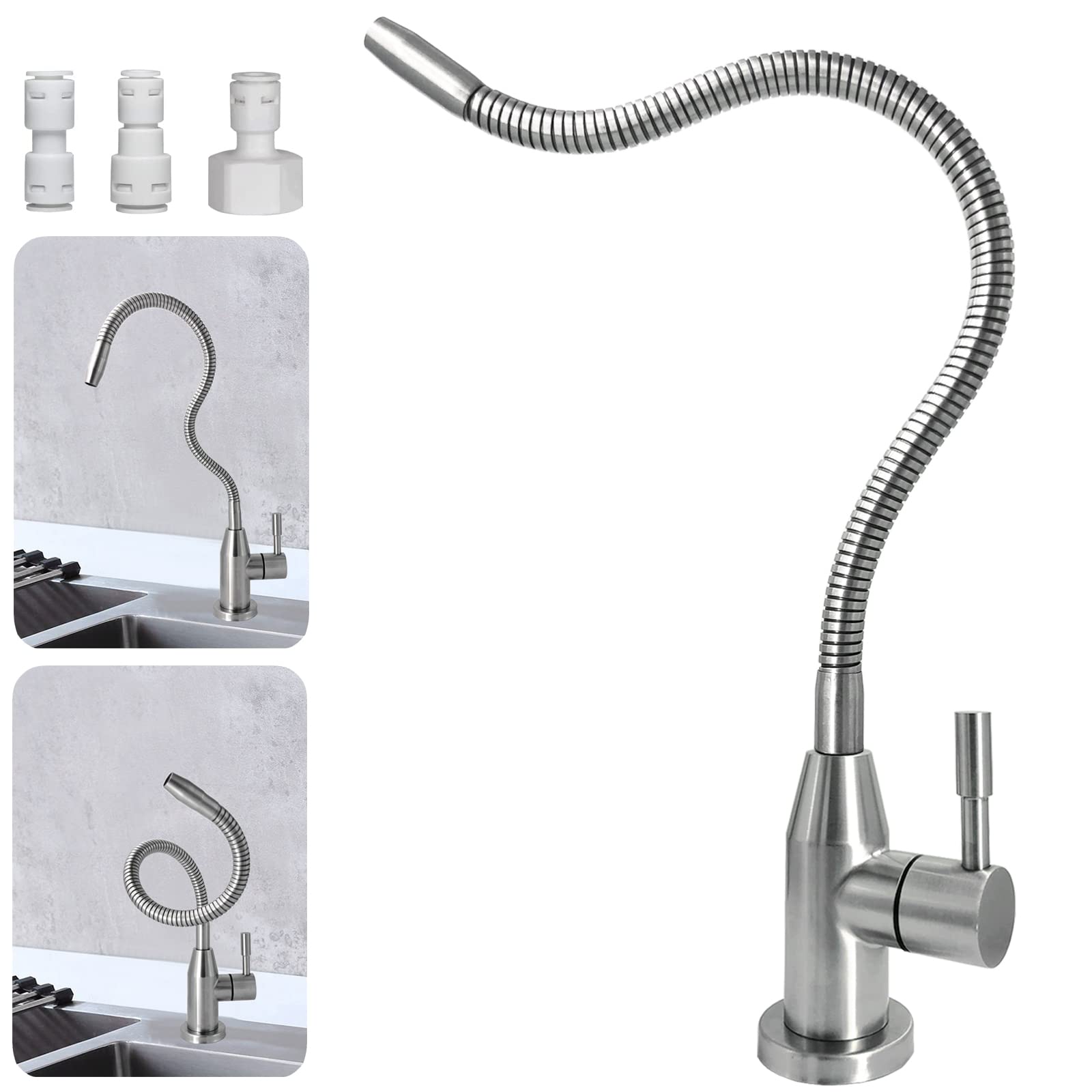 2024 Update Kitchen Water Filter Faucet with Flexible Gooseneck, Lead-Free Drinking Water Faucet Safety for Water Filtration Systems or Reverse Osmosis Systems, Stainless Steel Beverage Faucet