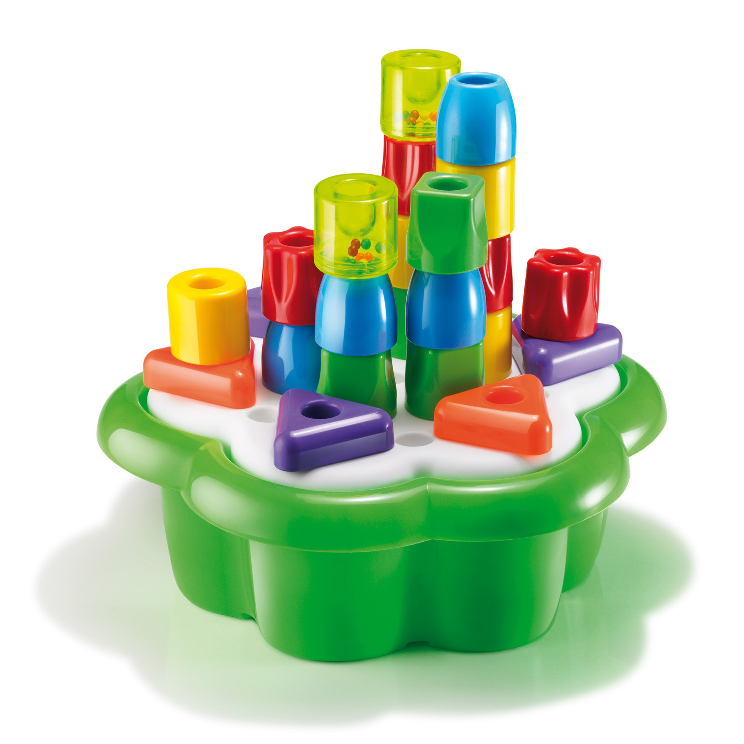 ASO Quercetti Chunky Peggy Stacking Toy - 28-Pieces Including 2 Rattle Pegs, Sturdy Daisy Basket Design with Built-in Storage, for Toddlers and Kids Ages 1 Year and up