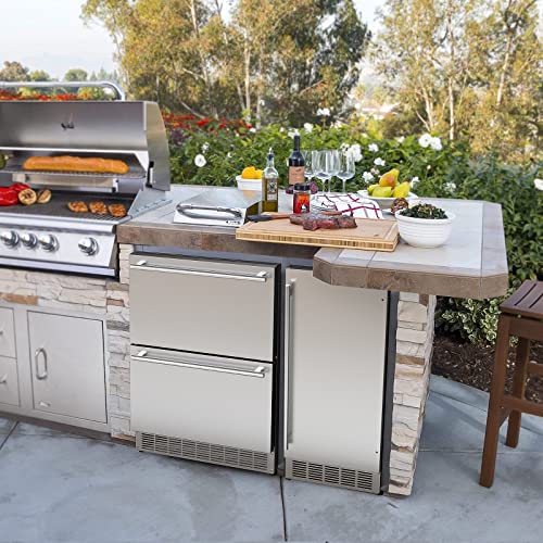 24 Inch Outdoor Drawer Fridge, Under Counter Double Drawer Beverage Refrigerator, 4.9 Cu.Ft. Weather Proof IPX4 Stainless Steel Auto Defrost 34-65℉ Built-in Fridge, ETL & DOE Approved