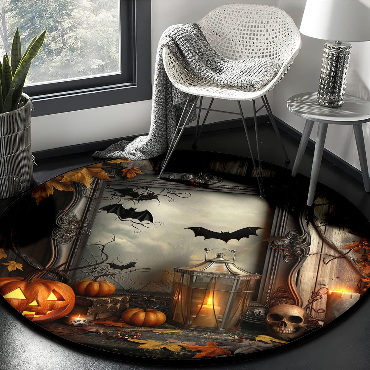 3D Pumpkin 4×4 Circle Area Rugs Halloween Round Rugs Lantern Maple Leaf 4Ft Ultra Soft Carpet,Horror Festival Themed Circular Rugs for Living Room Bathroom