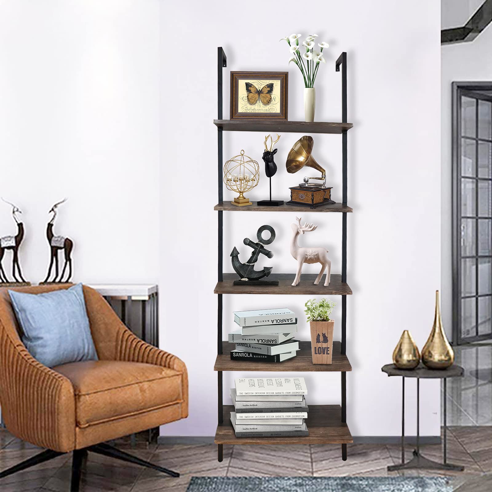 aboxoo Ladder Shelf Open Bookshelf 5-tier Wall-mounted Wood Bookcase Storage Rack Open back Industrial Modern Plant Flower Stand Utility Organizer Bookcase Metal Frame Furniture Office Kitchen Bedroom