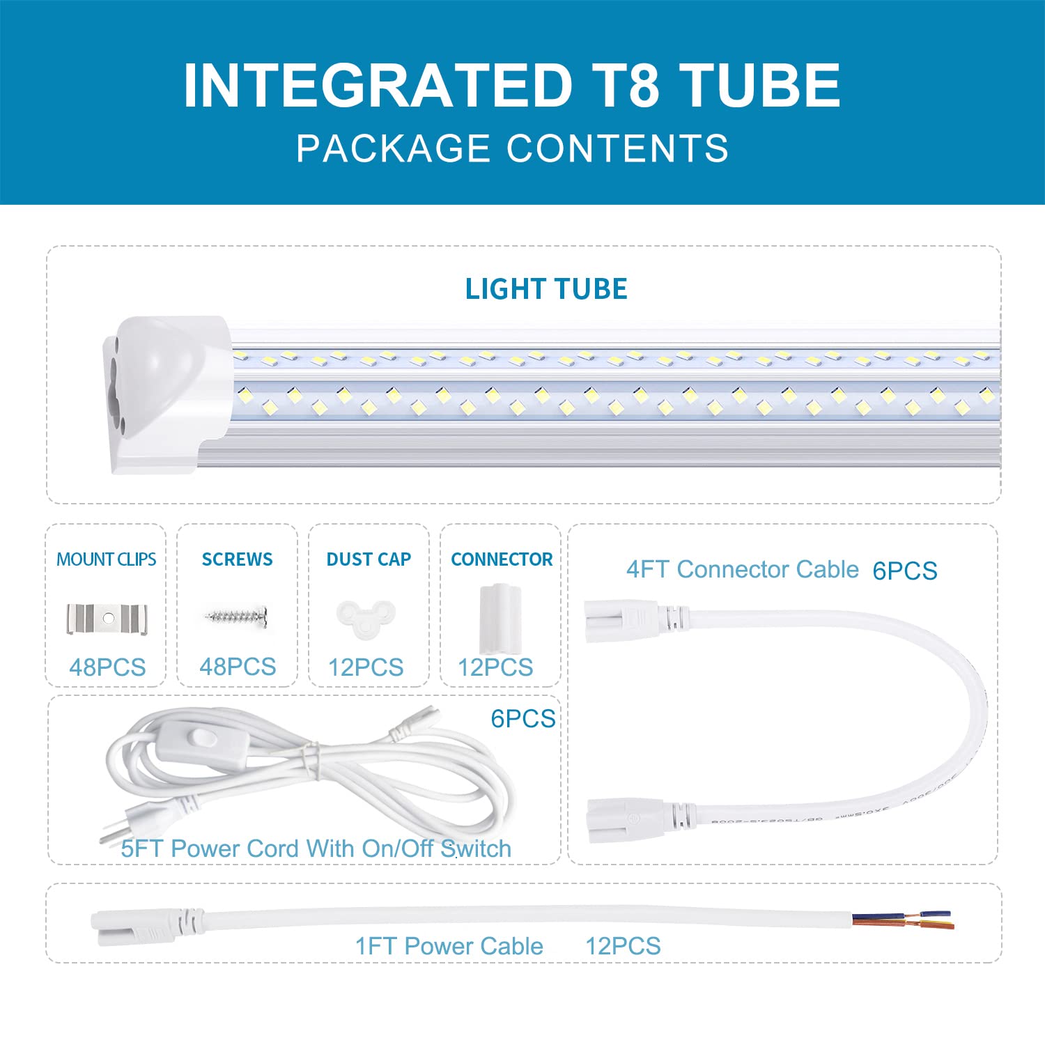 8FT 120W Linkable Shop Light Fixture, T8, 6000K, Clear Cover, V Shape, LED Shop Lights, Cold White, 8 Foot LED Tube Light, High Output, LED Light Bulb for Garage, Warehouse, Plug and Play,(12-Pack)