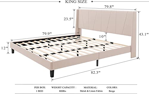 Benevika King Size Platform Bed Frame with Geometric Wingback Headboard, Wooden Slats Support, No Box Spring Needed, Easy Assembly, Gray