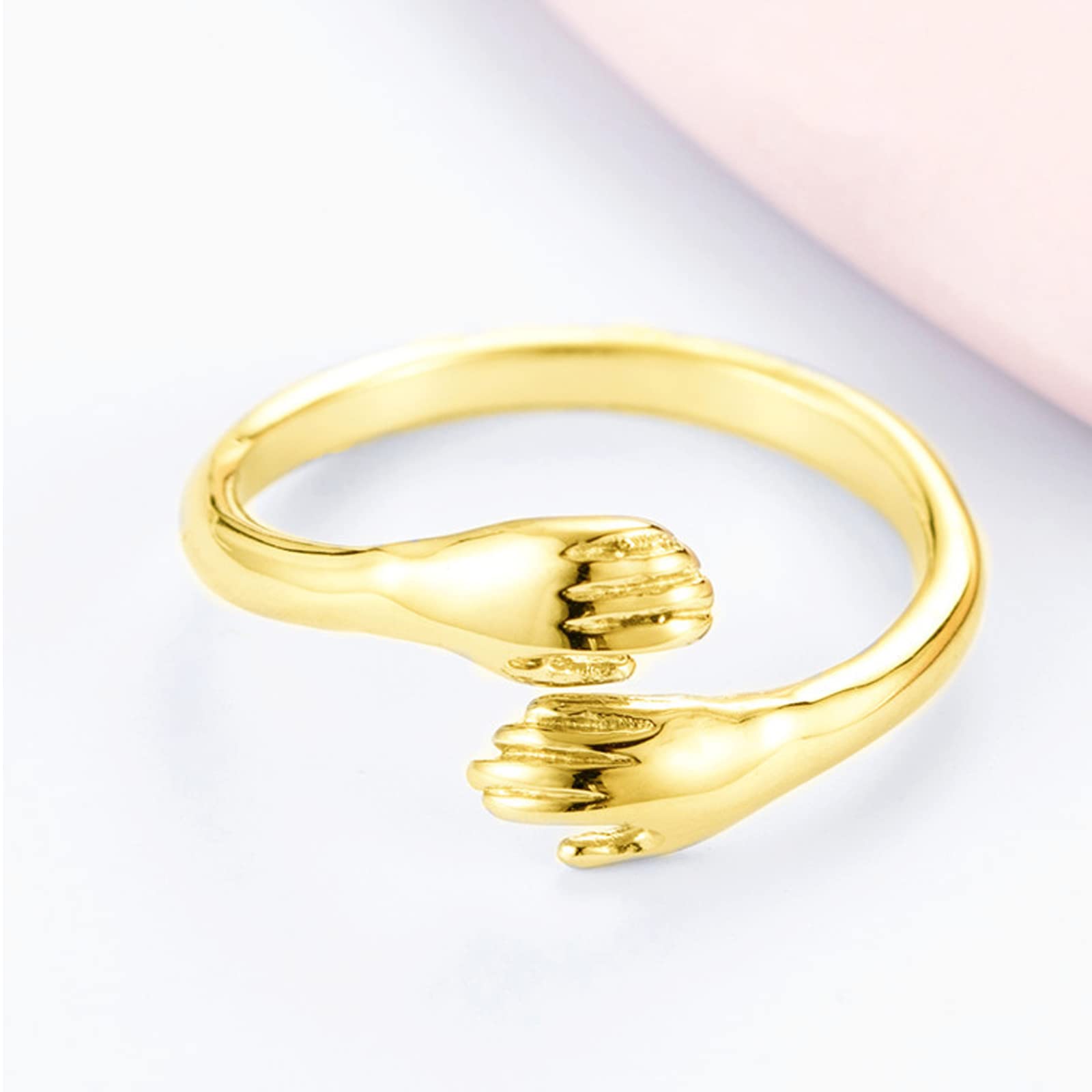 2 Pcs Love Hug Open Adjustable Ring Set Friendship Couple Lover Statement Creative Romantic Wedding Engagement Hugging Hands Jewelry for Women Men-gold