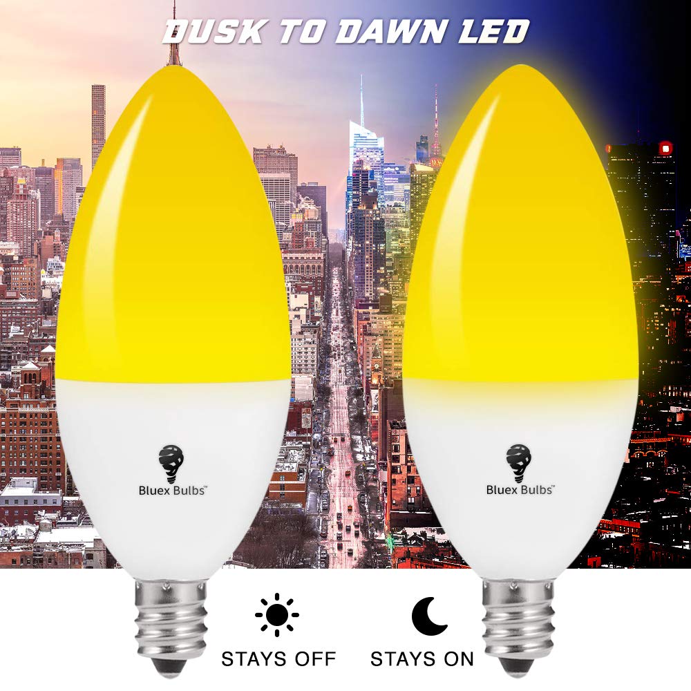 2 Pack LED Dusk to Dawn 6W E12 Bug Light Bulbs, Yellow Bulb, 65W Equivalent - Amber Light with Automatic Sensor Bulb, LED Porch Lights Security Outdoor Bulb, Auto on/Off, 2000K, Candelabra Bulb