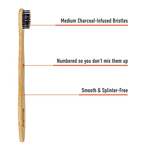 BlauKe Bamboo Toothbrushes Medium Bristles 5-Pack – Biodegradable, Sustainable, Natural, Eco Friendly – Black Charcoal Wooden Toothbrush Set