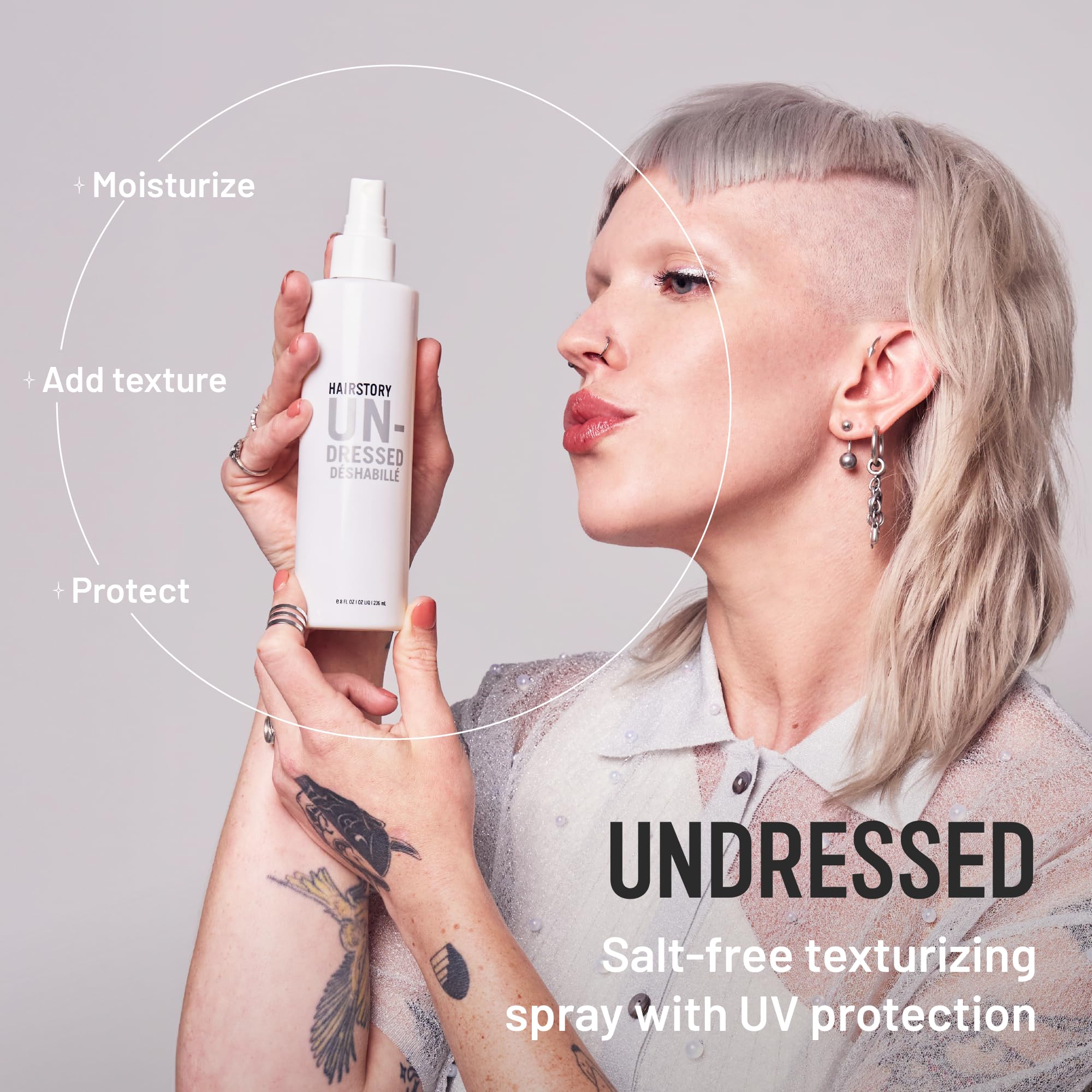 Hairstory Undressed, Texturizing Salt Free Hairspray, Ideal for All Hair Types, Beach Waves & UV Protection, Volumize & Enhance Hair Texture, 8oz