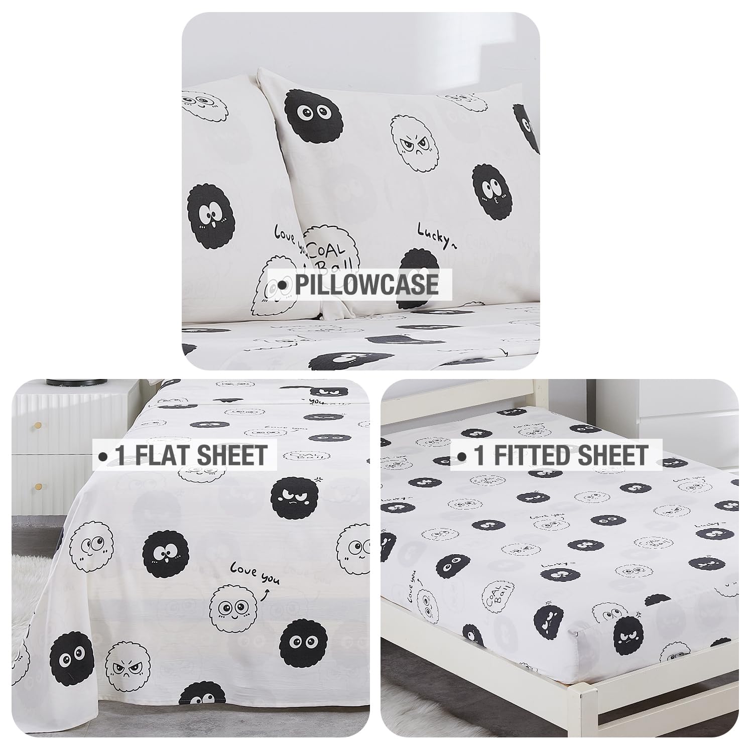 8HMOON Small Coal Ball Sheet Set Twin Size - 3 Piece Set,Cute Character Printed Soft Microfiber Bed Sheets for Girls and Boy Deep Pocket
