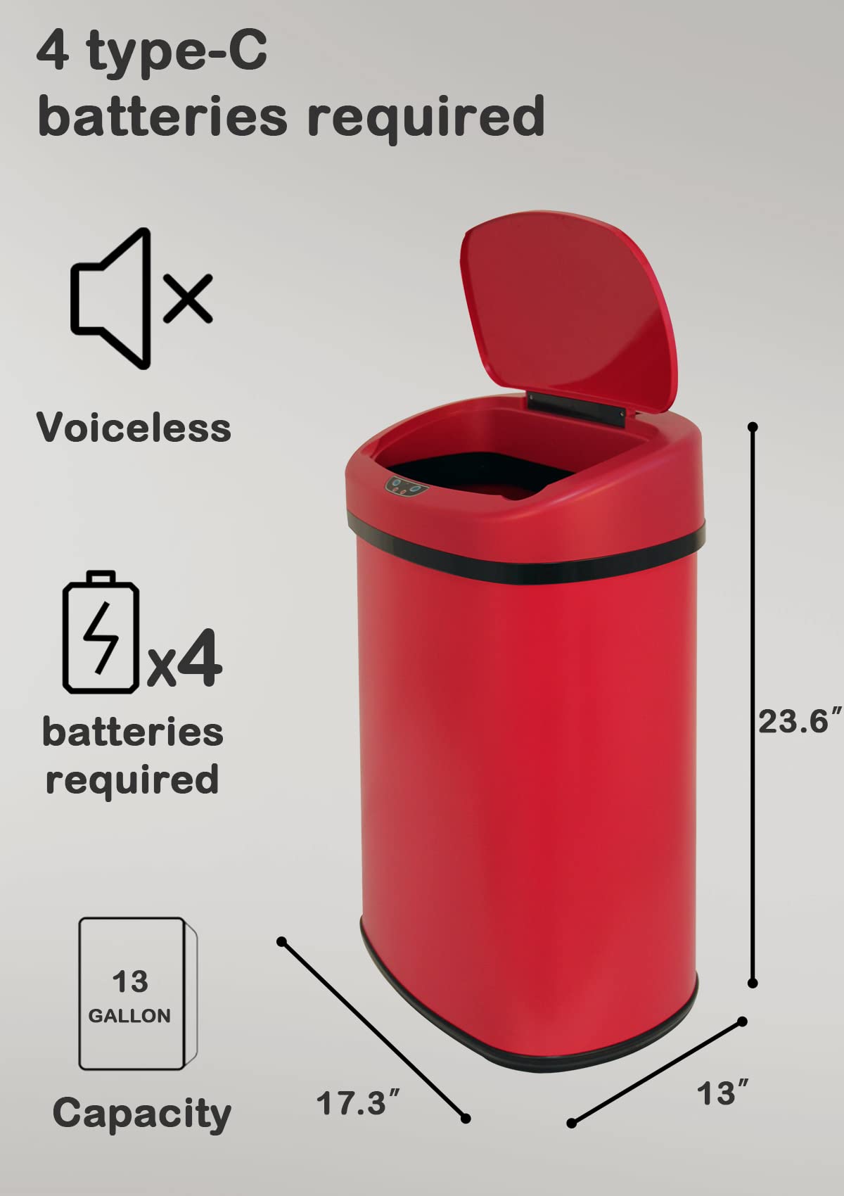 50 Liter Kitchen Trash Can with Lid Garbage Can 13 Gallon Tall Kitchen Automatic Trash Can Motion Sensor Trash Can, Stainless Steel Garbage Can Trash Bin Anti-Fingerprint, Soft-Close Lid (Red)
