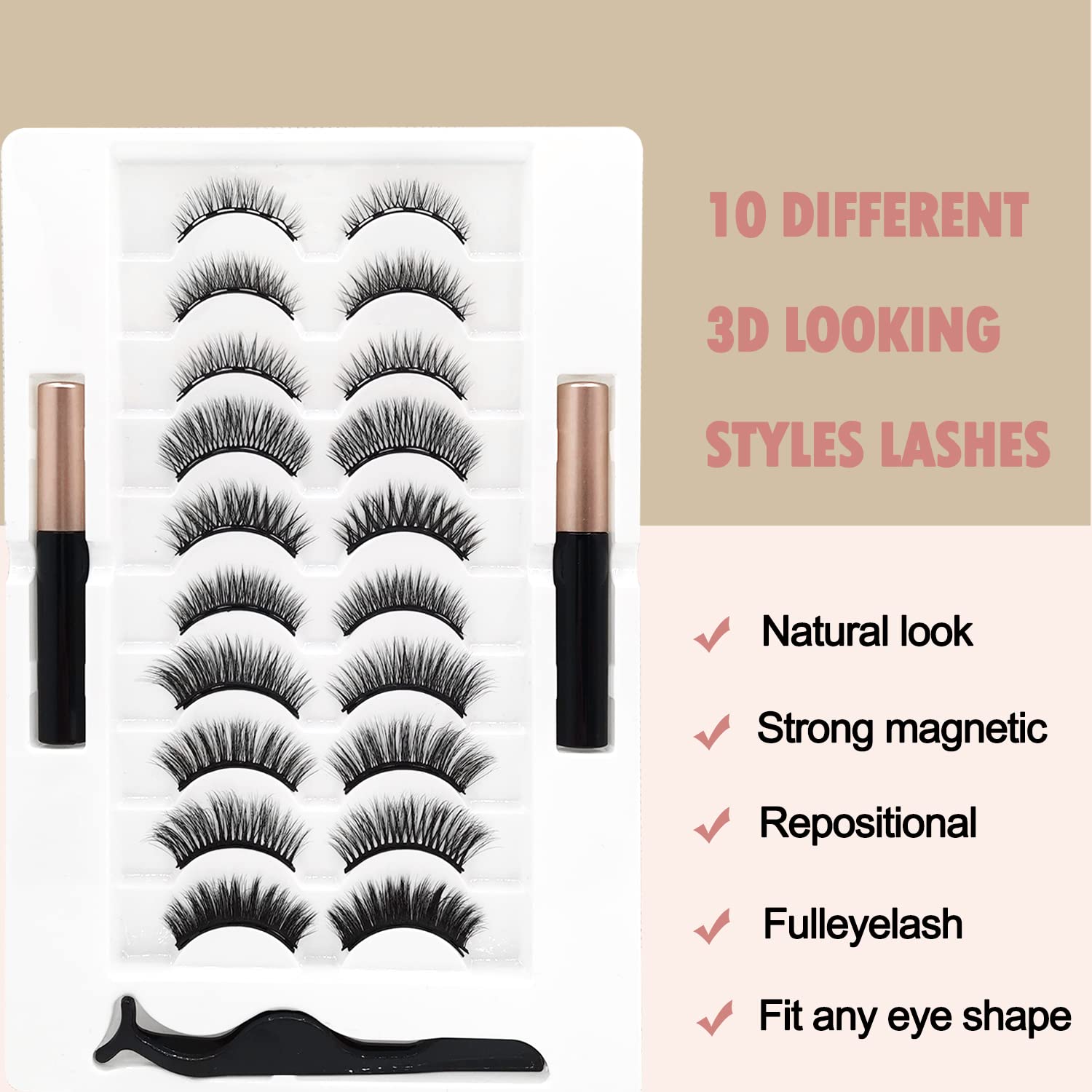 Magnetic Eyelashes Kit with Eyeliner, Magnetic Lashes Natural Looking 10 Pairs , 2 Pcs Magnetic Eyeliner, Reusable 3D False Eyelashes Lashes Pack, With lash tweezers,No Glue! Eyelashes Magnetic