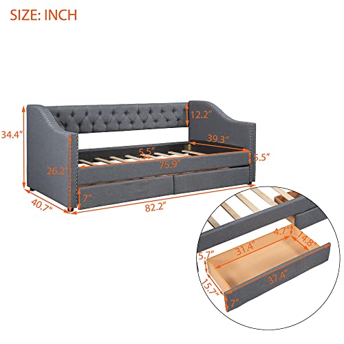 Flieks Upholstered Daybed with Two Storage Drawers, Twin Tufted Sofa Bed Daybed with Nailhead Trim and Wood Slat Support (Grey)