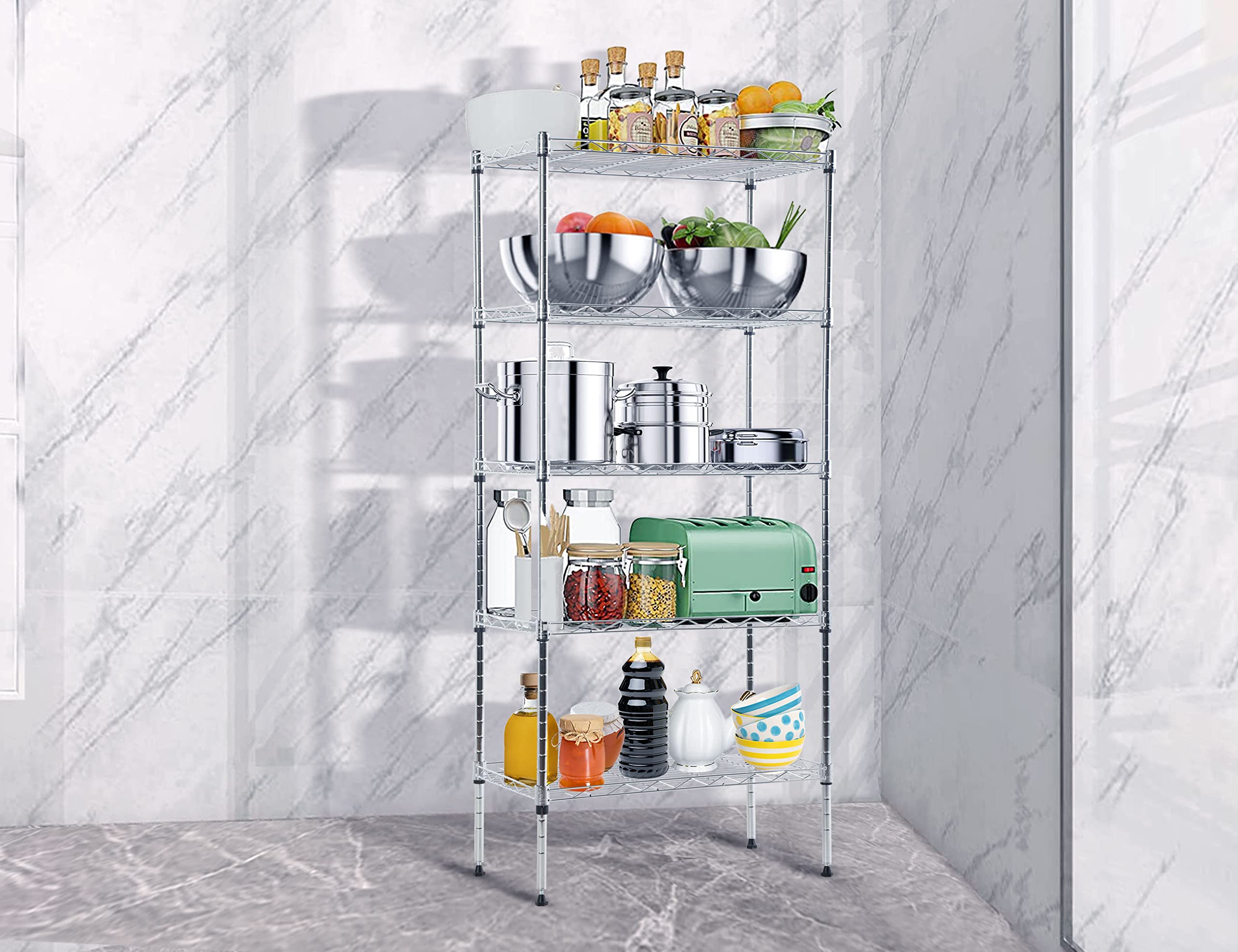 5-Tier Metal Wire Shelving Unit Kitchen Shelf Organizer Kitchen Storage Rack Utility Shelf Snack Shelf, NSF Certified Storage Shelves for Storage, Garage Shelving Storage Shelf Pantry Shelves
