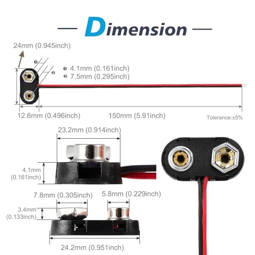 CHANZON UL Wire 9v Battery Clip Connector Holder T-Type with Hard Plastic Shell and Lead Wire Pack of 10pcs kit for Arduino LED Strip