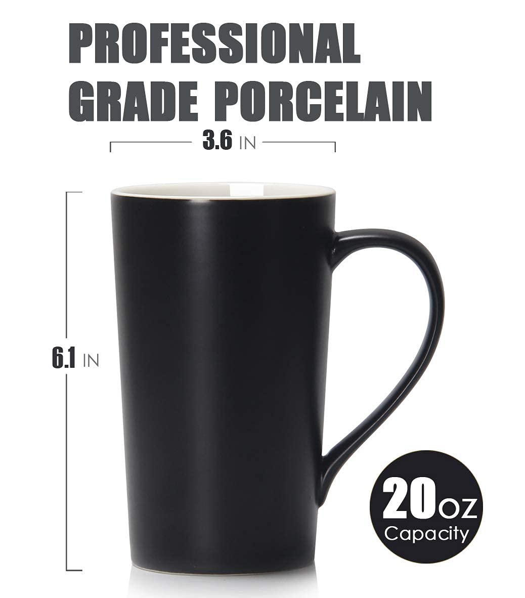 20 OZ Large Coffee Mugs, Smilatte M007 Plain Blank Tall Ceramic Cup with Handle for Dad Men, Set of 4, Black