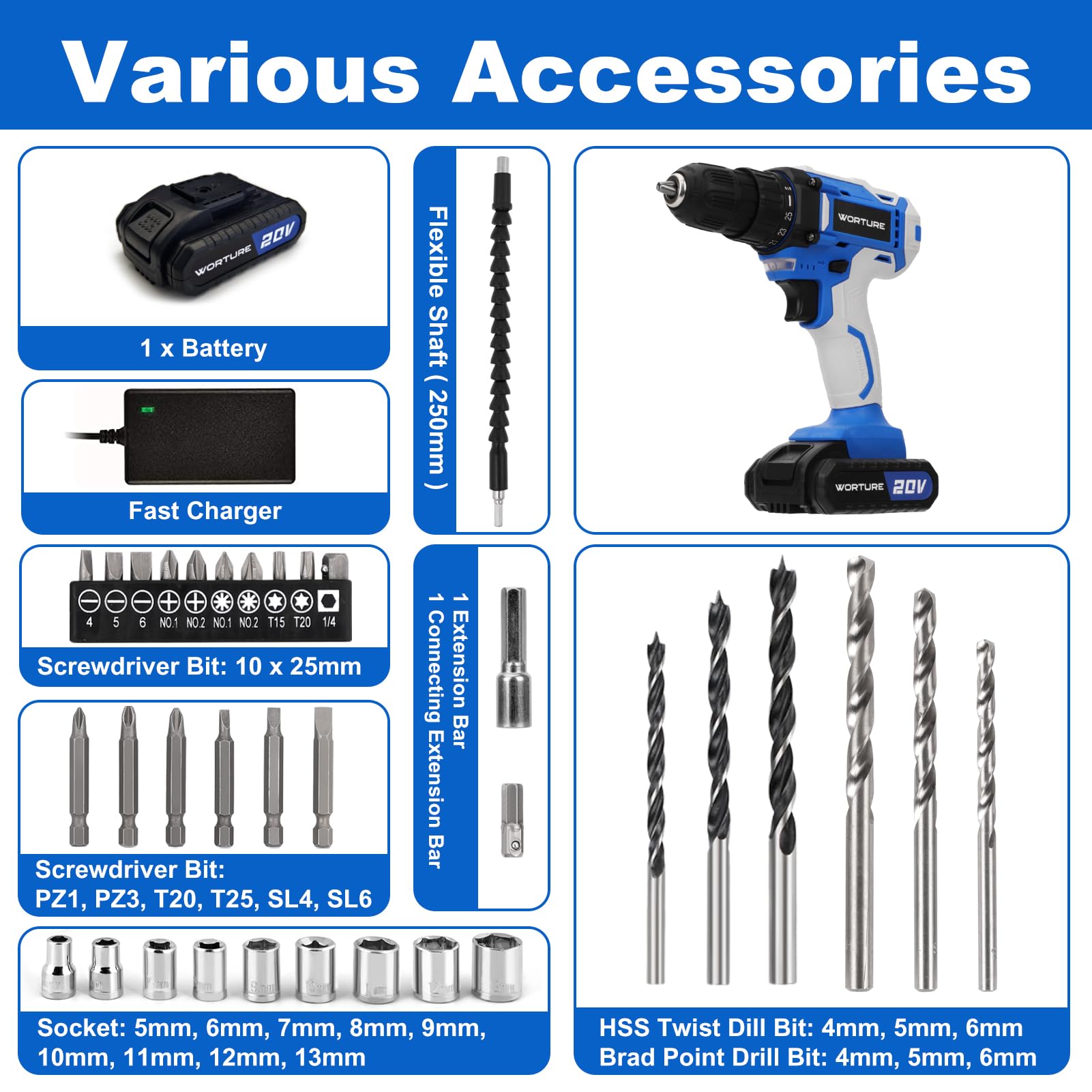 20V Cordless Drill, 3/8” Keyless Chuck, 353 In-lb (40 N.m) Torque, 2 Variable Speed, Electric Power Drill Set with 1.5AH Battery & Charger, 25+1 Position and 34 pcs Drill/Driver Bits (Blue)