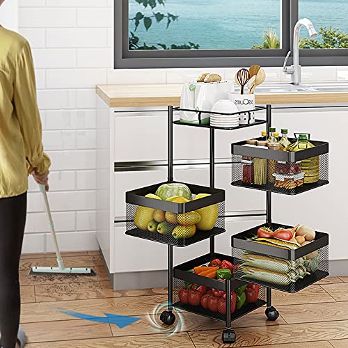 4-Tier Rotating Kitchen Storage Shelf Kitchen Storage Rack Kitchen Rotating Multi Layer Kitchen Shelves for Storage Fruit Vegetable Storage Basket Floor-Standing Vertical Shelving with Wheels (Square)