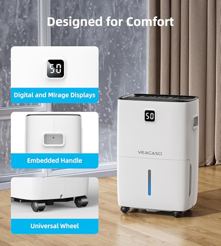 5500 Sq. Ft Dehumidifier for Basement with Drain Hose, VEAGASO 80 Pints Dehumidifiers for Home Large Room Bathroom with Water Tank, Intelligent Humidity Control, Auto Defrost, 24H Timer, Child Lock