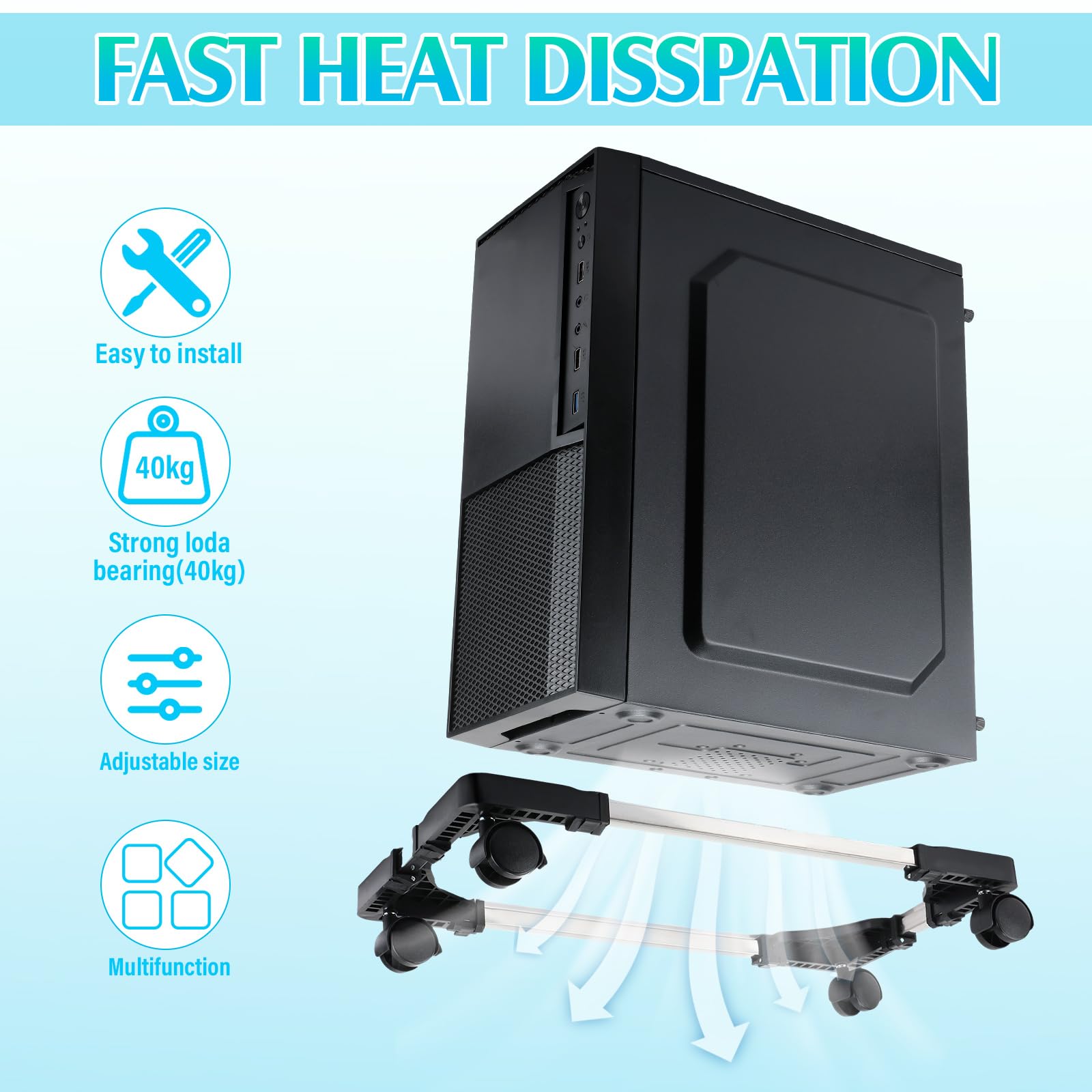 2 Pcs Mobile CPU Stand Adjustable Computer Tower Stand with 4 Locking Caster Wheels CPU Rolling Stand Tower Fits Most PC, Black