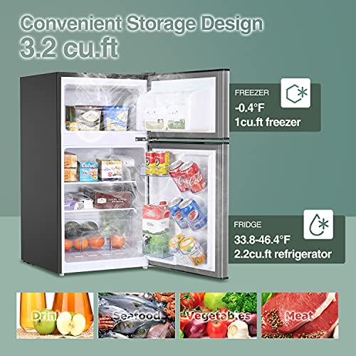 3.0 Cu.Ft. Mini Fridge with Freezer 2 Door Refrigerator and Freezer Compact Small Fridge for Bedroom Home Office Dorm, Small Drink Chiller, 37 dB Low Noise, Stainless Steel