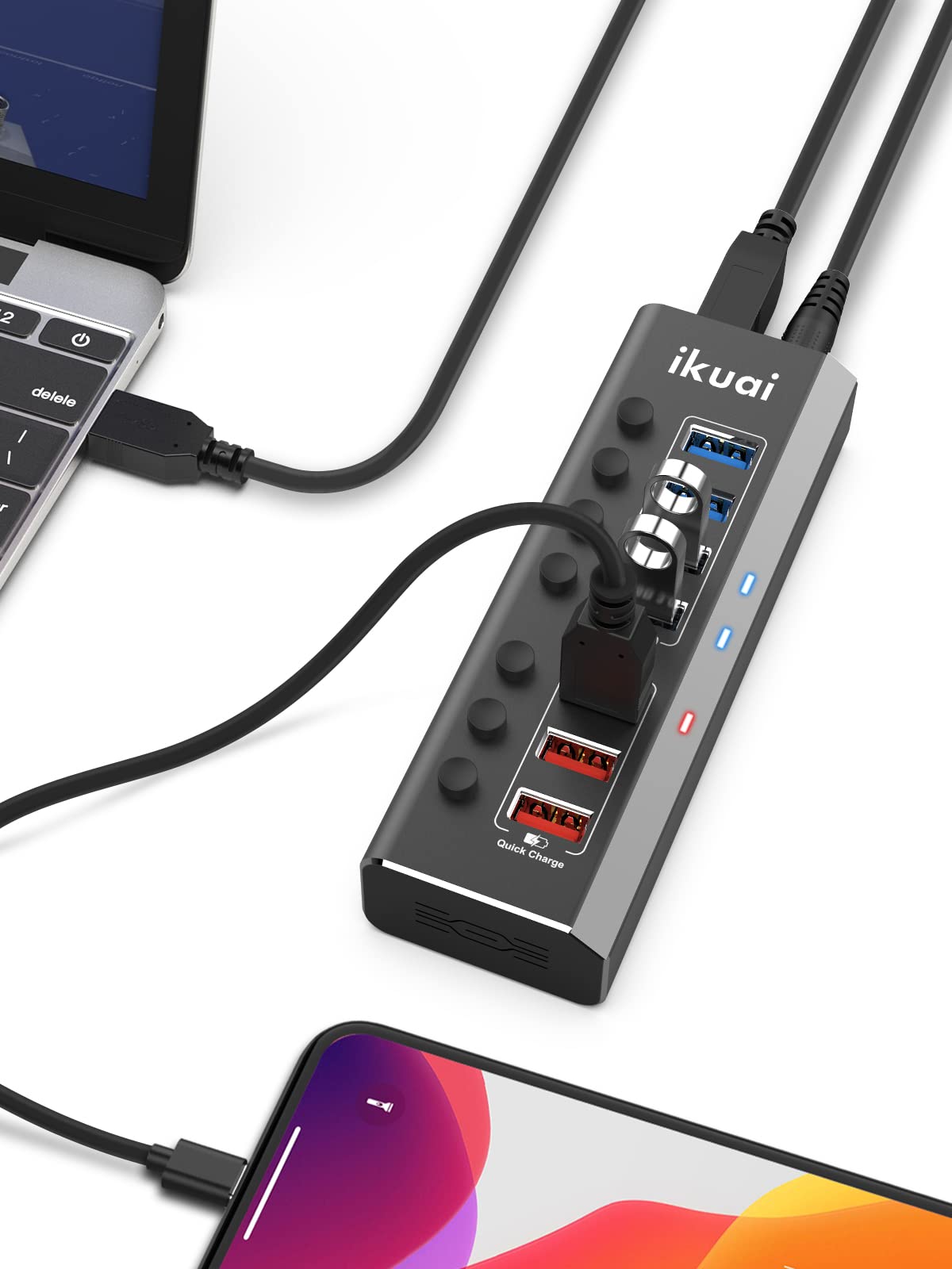 ikuai 5 Ports USB Hub with 4 USB Data Ports & 1 Fast Charging Port(12V/2A Power Adapter)+7 Ports USB Hub Aluminum with 4 USB Data Ports & 3 Fast Charging Port(12V/3A Power Adapter)