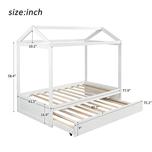 House Bed with Trundle for Kids and Toddlers, Wood Twin Size House Bed Frame, Can Be Decorated, White