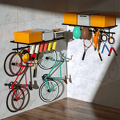 BMJX US Garage Shelves Garage Storage with Two Large Bike Hooks and 8 Small Hooks 31x15.5inch Powder Coated Steel Wall Frame Garage Organization(1 Pack)