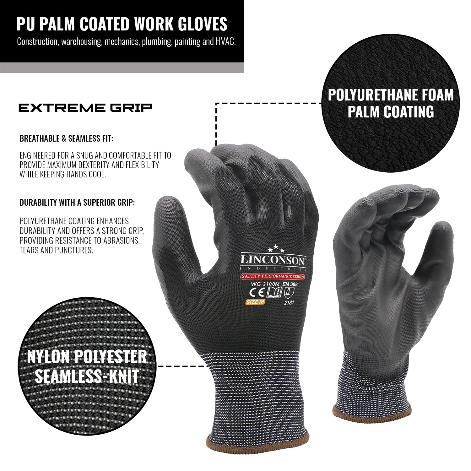 linconson Ultimate Grip Thin & Lightweight Construction Mechanic Work Gloves with PU Palm Coating