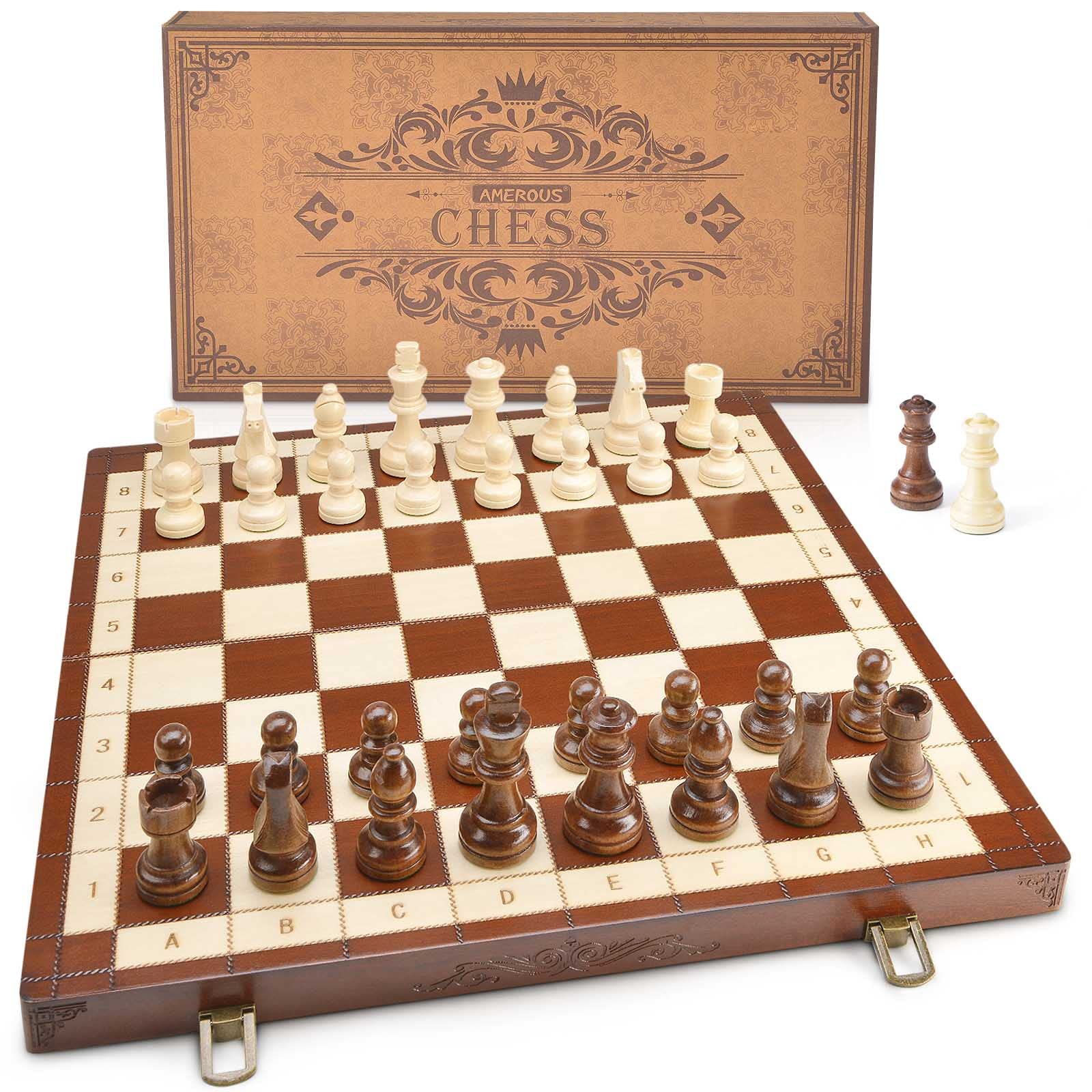 AMEROUS 15'' Wooden Chess Set with Upgraded Weighted Chess Pieces - 2 Extra Queen - Folding Board - Instructions - Gift Package - Chessmen Storage Slots, Classic Chess Board Game for Kids, Adults