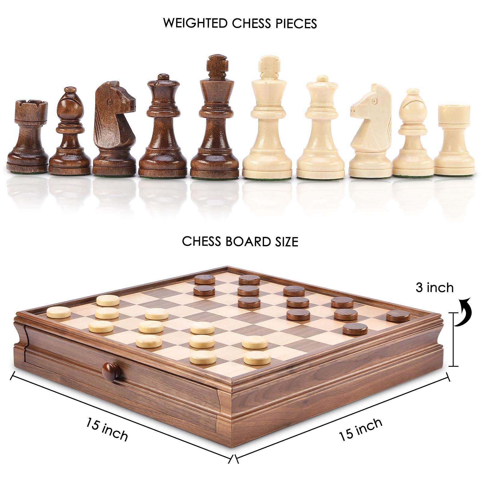 AMEROUS 15" x 15" Wooden Chess & Checkers Set with Built-in Storage Drawers/Weighted Chess Pieces / 2 Bonus Extra Queens / 24 Cherkers Pieces/Classic 2in1 Board Games for Kids, Adults
