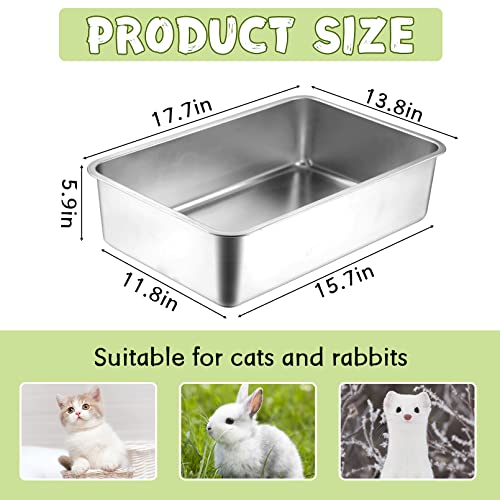 BNOSDM Stainless Steel Litter Box Smooth Litter Pan for Cats and Rabbits Metal Cat Litter Box High Sided, Easy to Clean, 17.7" L X 13.8" W X 5.9" H