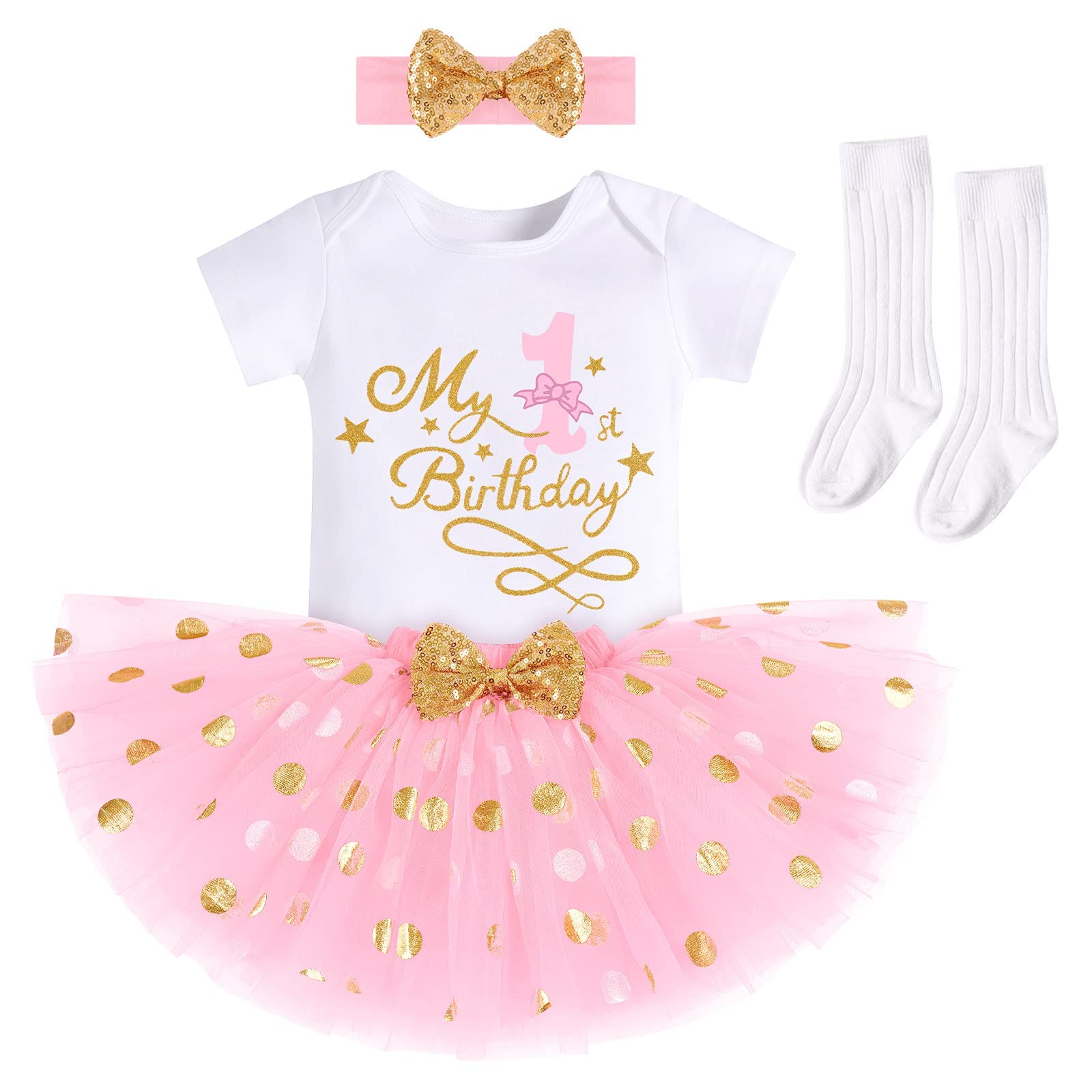 Mini Polka Dots It's My 1/2 /1st /2nd/3rd Birthday 4 Piece Outfits for Cake Smash Romper Bodysuit Tutu Skirt Set Headband Socks Formal Baptism Christening Dance Evening Ball Gown Pink-1st 1T