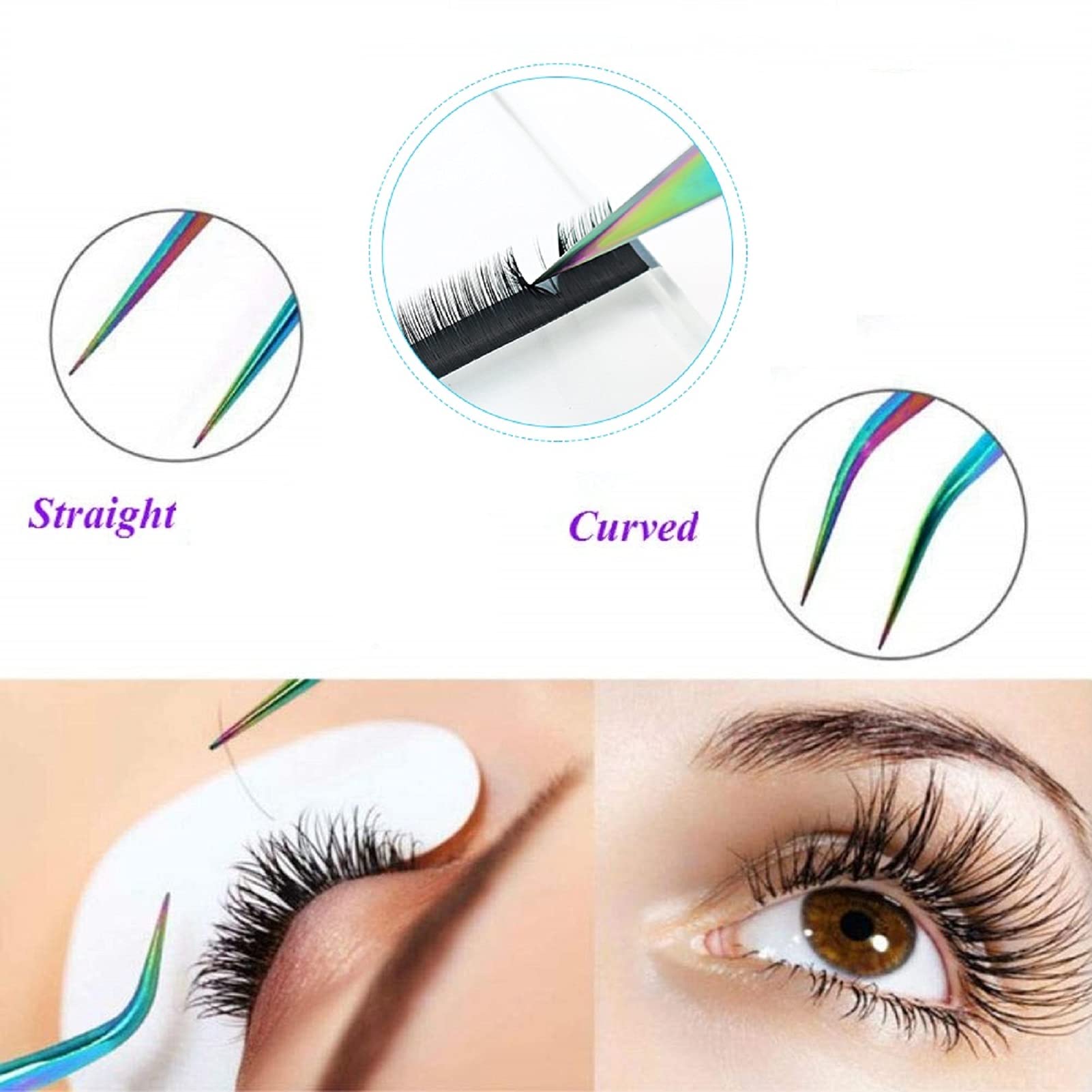 Generl Rainbow Tweezers Set for Eyelash Extensions Straight and Curved Stainless Steel Precision Tweezer for Lash Nail Art Ingrown Hair Craft Work 5 Pcs, 5 inches