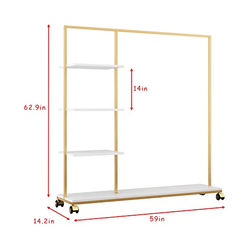 FONECHIN Metal Gold Clothing Rack for Boutique Use, Heavy Duty Garment Rack with Shelves for Retail Display (59L inches)