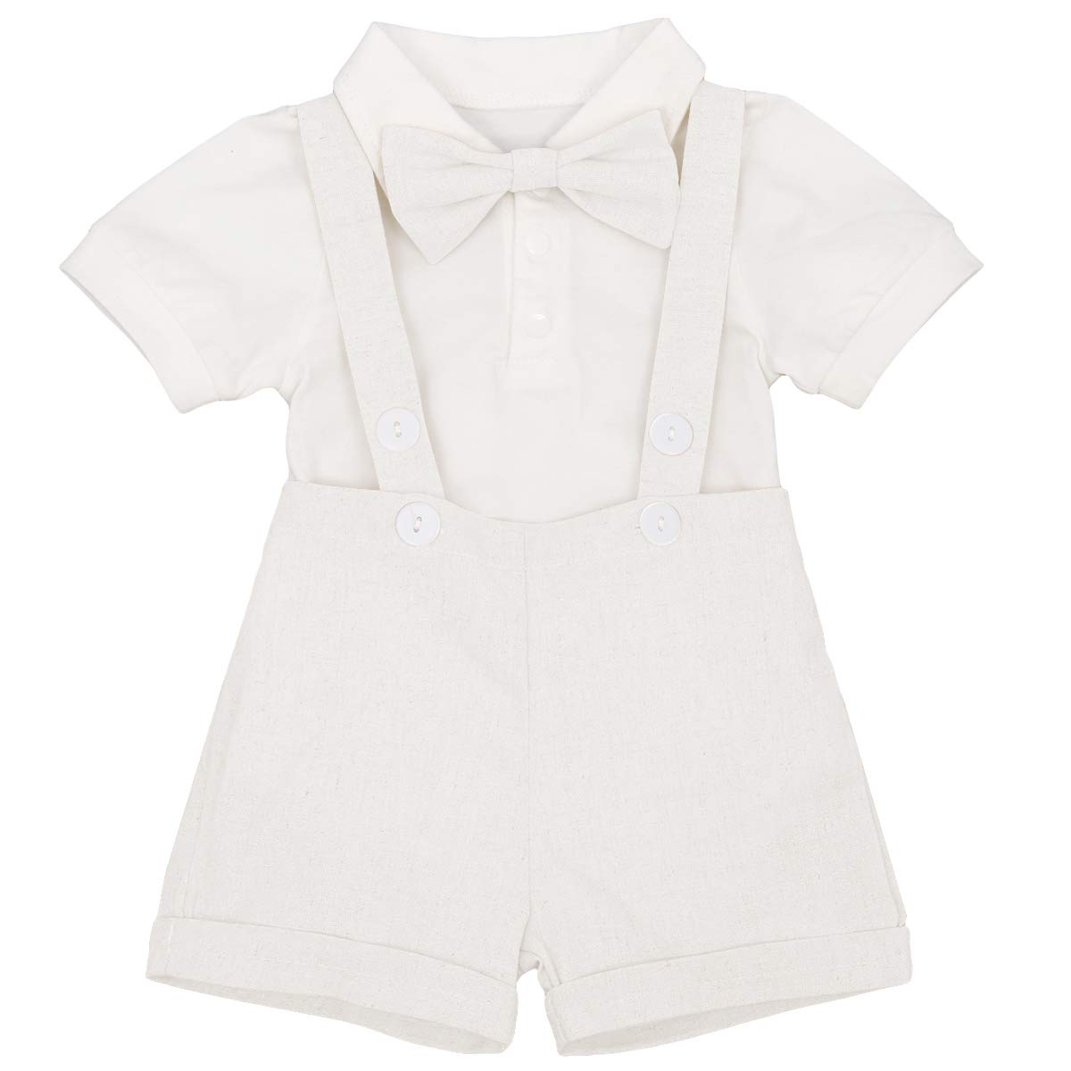 Baby Boys Formal Suit Gentleman Bowtie + Summer Short Sleeve Romper + Suspenders Shorts Button Bib Pants Wedding Tuxedo Outfits 1st/2nd Birthday Cake Smash Christening Clothes 3pcs Set White 0-6M