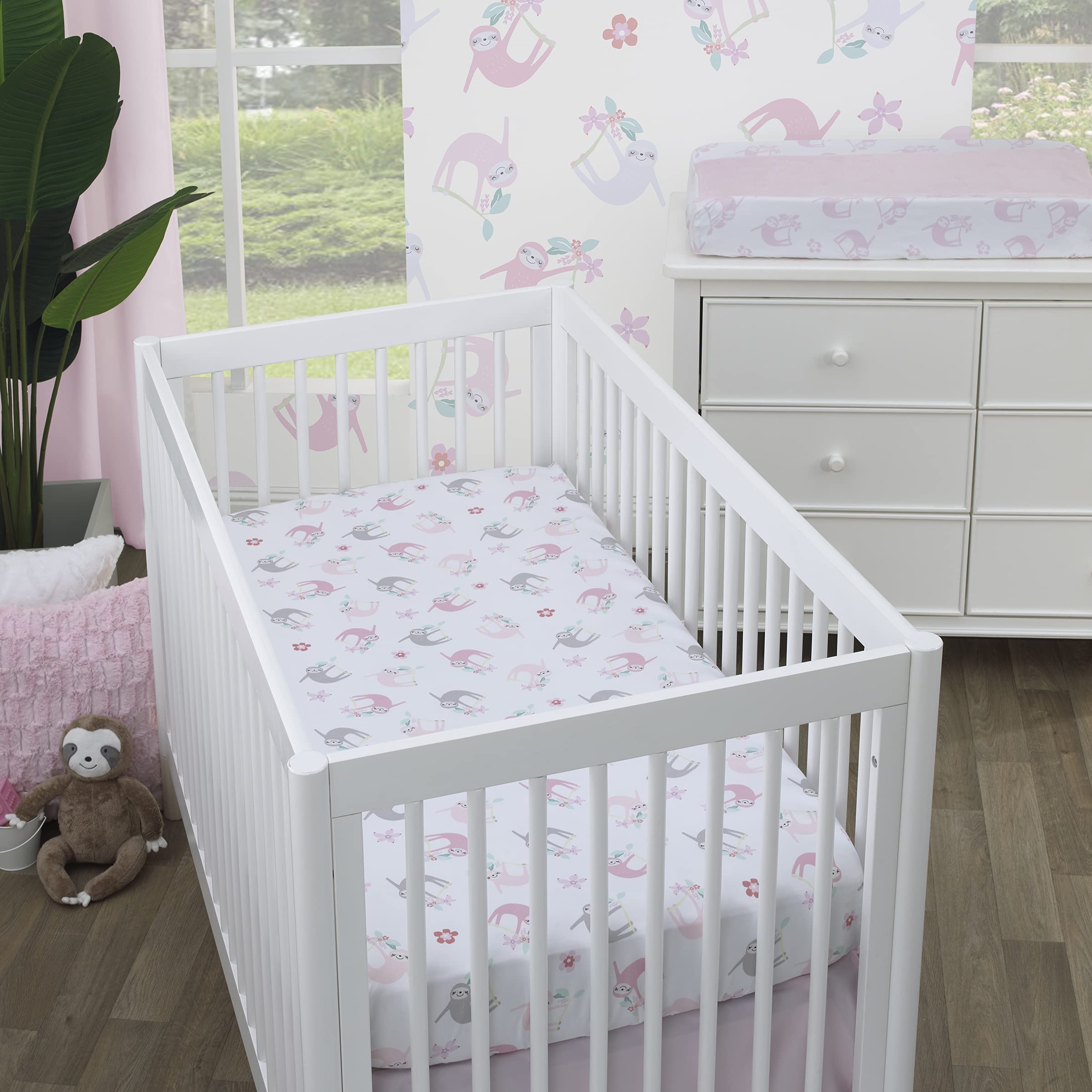 NoJo Little Love Tropical Garden Pink, Grey, and White Sloth Super Soft Fitted Crib Sheet