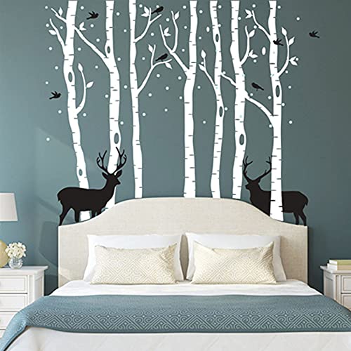 HOSNNER Deers Tree Wall Stickers - Forest Mural Wallpaper for Bedroom Kids Baby Nursery Vinyl Removable DIY Decals 82.7x70.9 inch Grey+Black