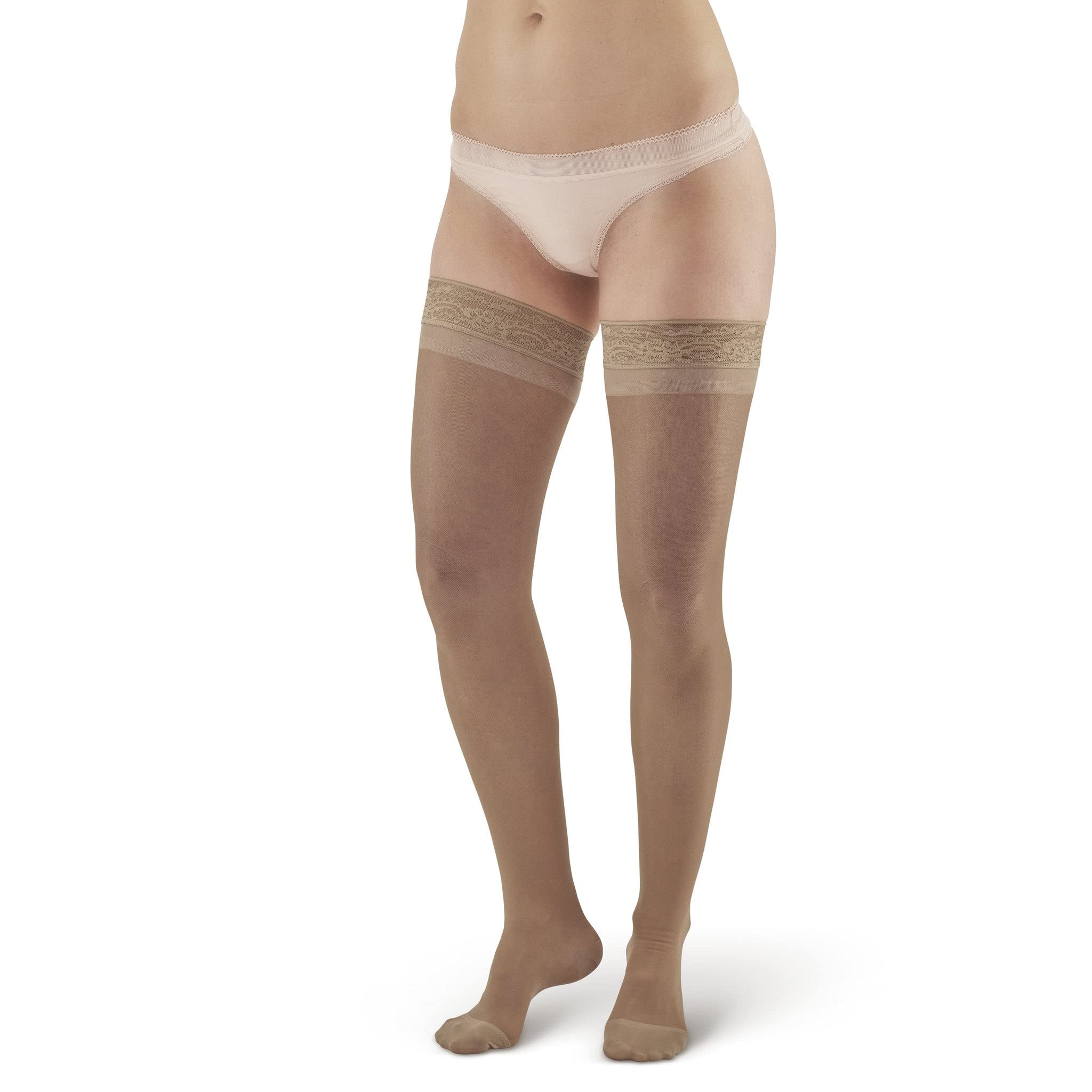 Ames Walker AW Style 4 Sheer Support 15-20 mmHg Moderate Compression Closed Toe Thigh High Stockings w/Top Band Taupe Xlarge