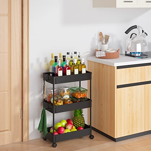 Boeeoan 3 Tier Rolling Utility Storage Cart, Mobile Shelving Organizer with Hooks for Kitchen Bathroom Laundry Room Living Room, Black