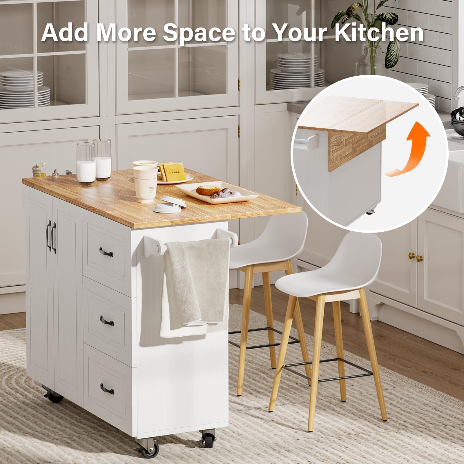 4 EVER WINNER Kitchen Island Cart with Drop Leaf & 3 Drawers, 43β Kitchen Island with Storage Cabinet on Wheels, Spice Rack, Towel Rack, Rolling Kitchen Island Table Breakfast Bar for Kitchen, White