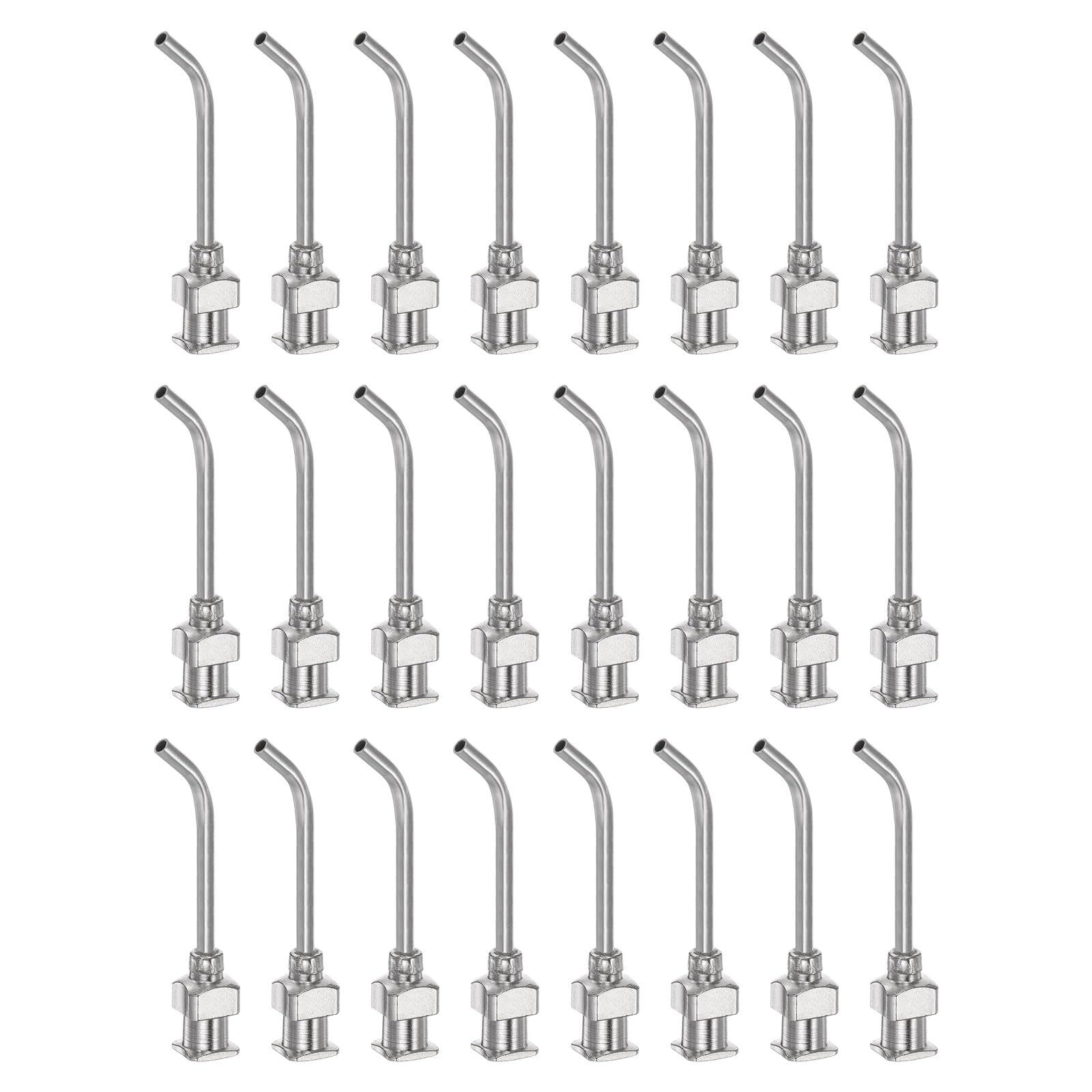 HARFINGTON 24pcs Blunt Tip Dispensing Needle 21 Gauge 1 Inch 45 Degrees Bent Flow Design Bent Dispensing Tips with Luer Lock & Storage Box for Adhesive Glue Dispensing, Silver Tone